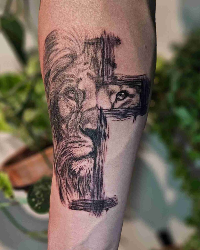 17 Cross & Lion Tattoo Ideas that Blends Faith and Power - Tattoo Imprints